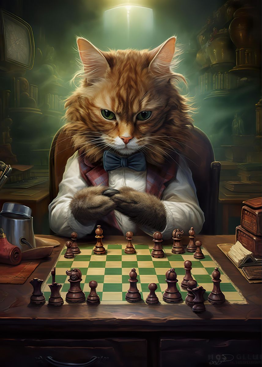 'Cat playing Chess' Poster, picture, metal print, paint by PosterSuite ...