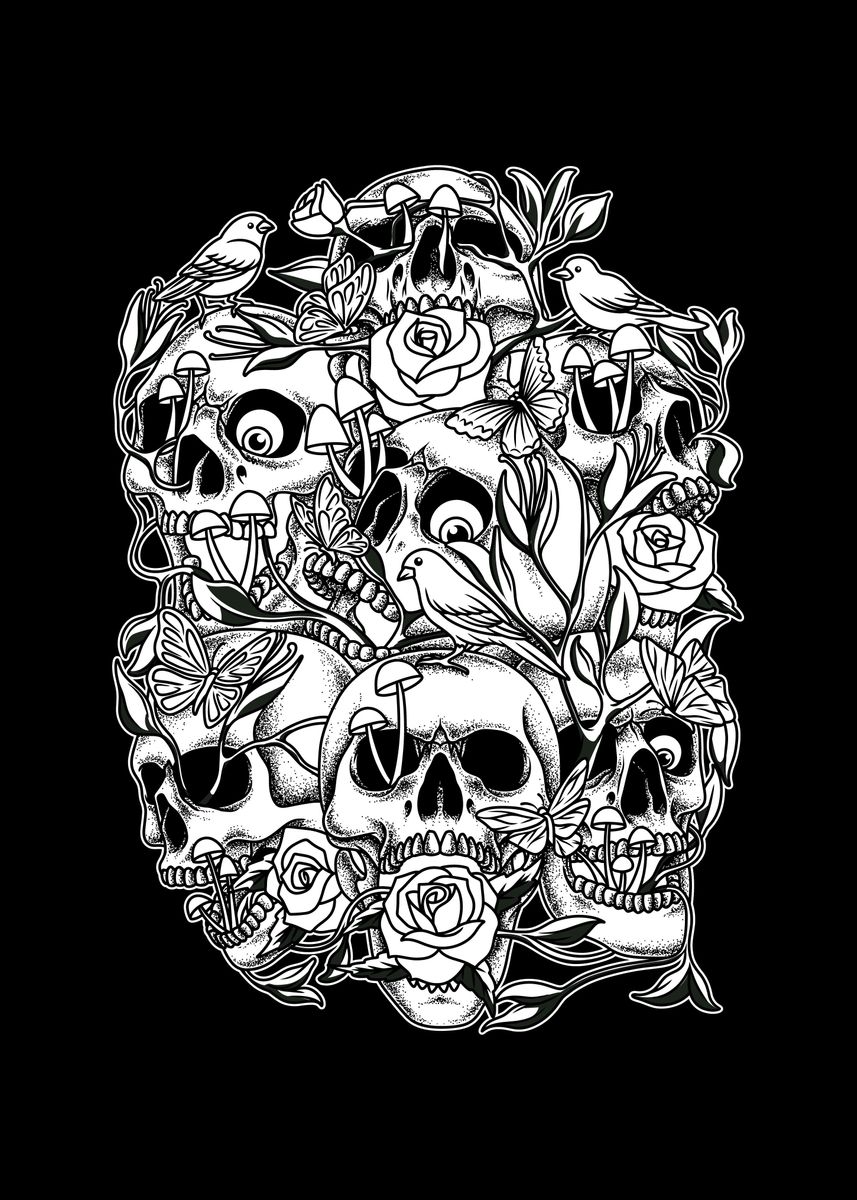 ' Stack Of Skulls BnW' Poster, picture, metal print, paint by hendra ...