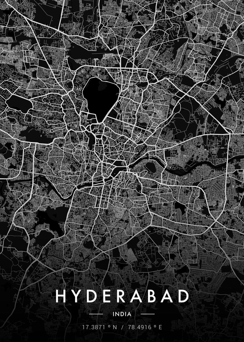 'Hyderabad City Map Dark' Poster, picture, metal print, paint by MVDZ ...