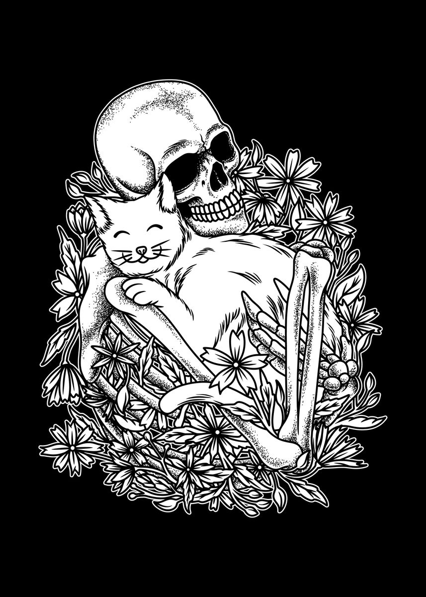 'Skeleton Hug Cat BnW' Poster, picture, metal print, paint by hendra ...