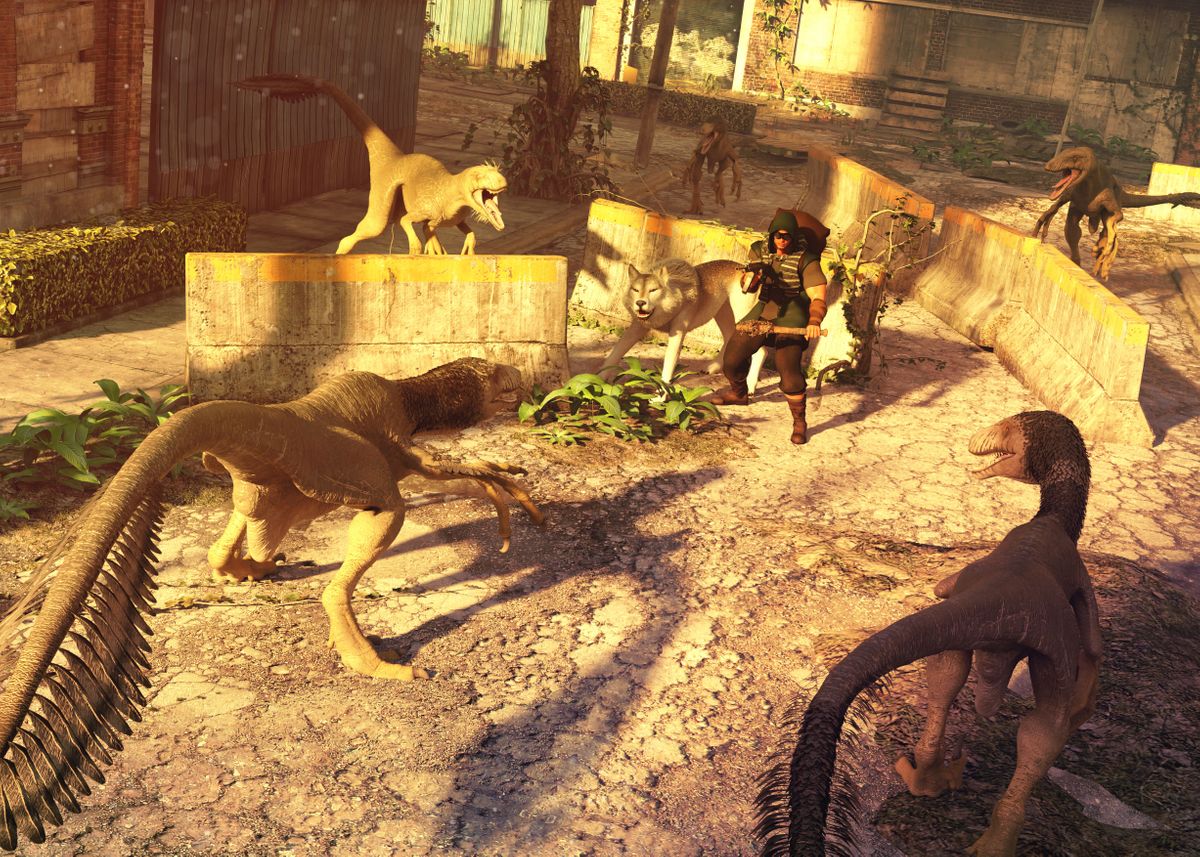 'Raptor dino hunting humans' Poster by Gigi Bgm | Displate