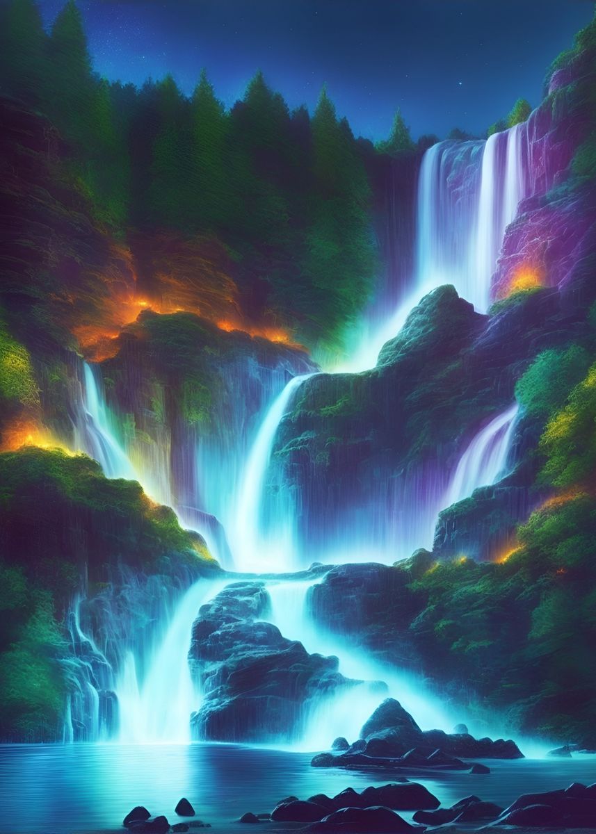 'Neon glowing waterfall' Poster, picture, metal print, paint by Below ...