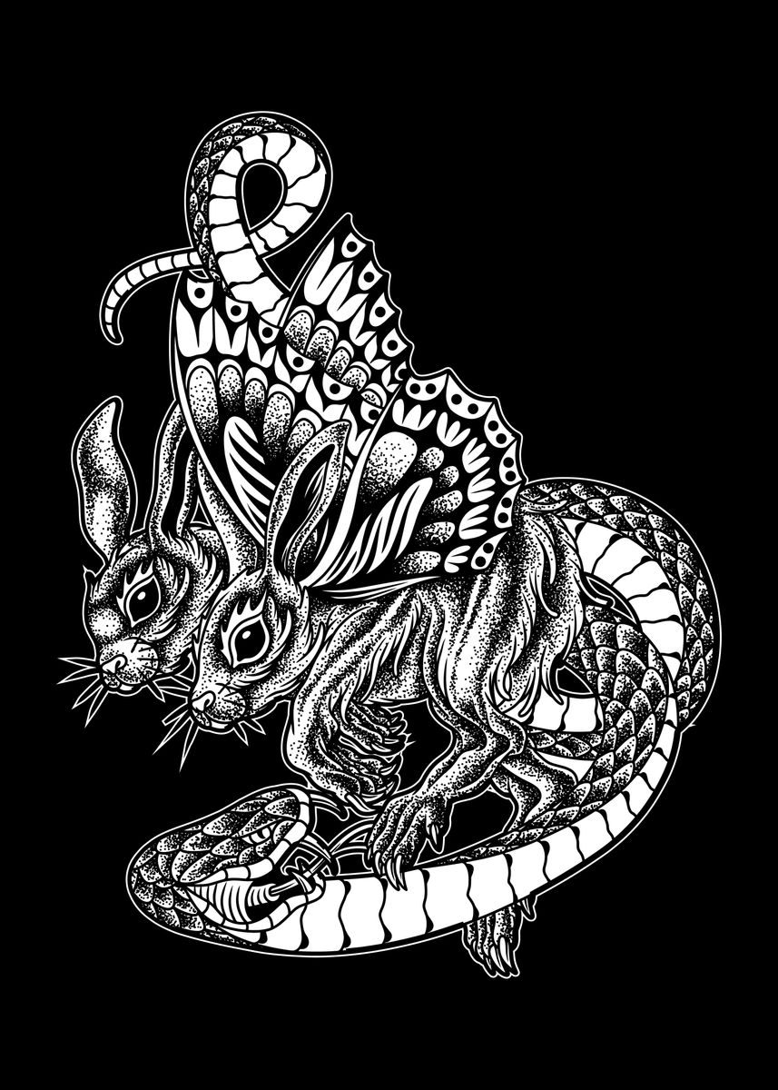 'Snake Rabbit BnW' Poster, picture, metal print, paint by hendra ...