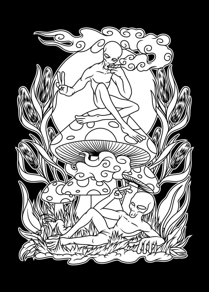 'Mushrooms Aliens 2 BnW' Poster, picture, metal print, paint by hendra ...