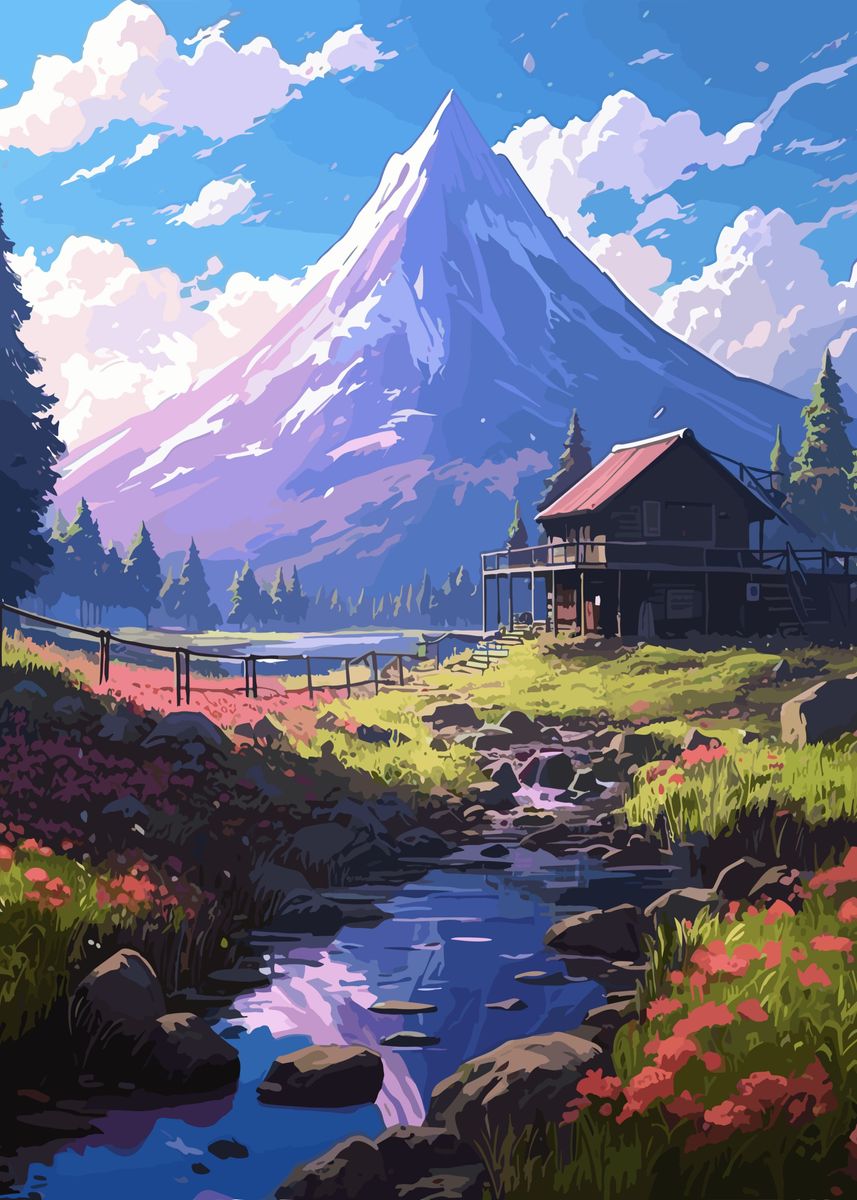 'Anime Landscape Mount Fuji' Poster, picture, metal print, paint by Art ...
