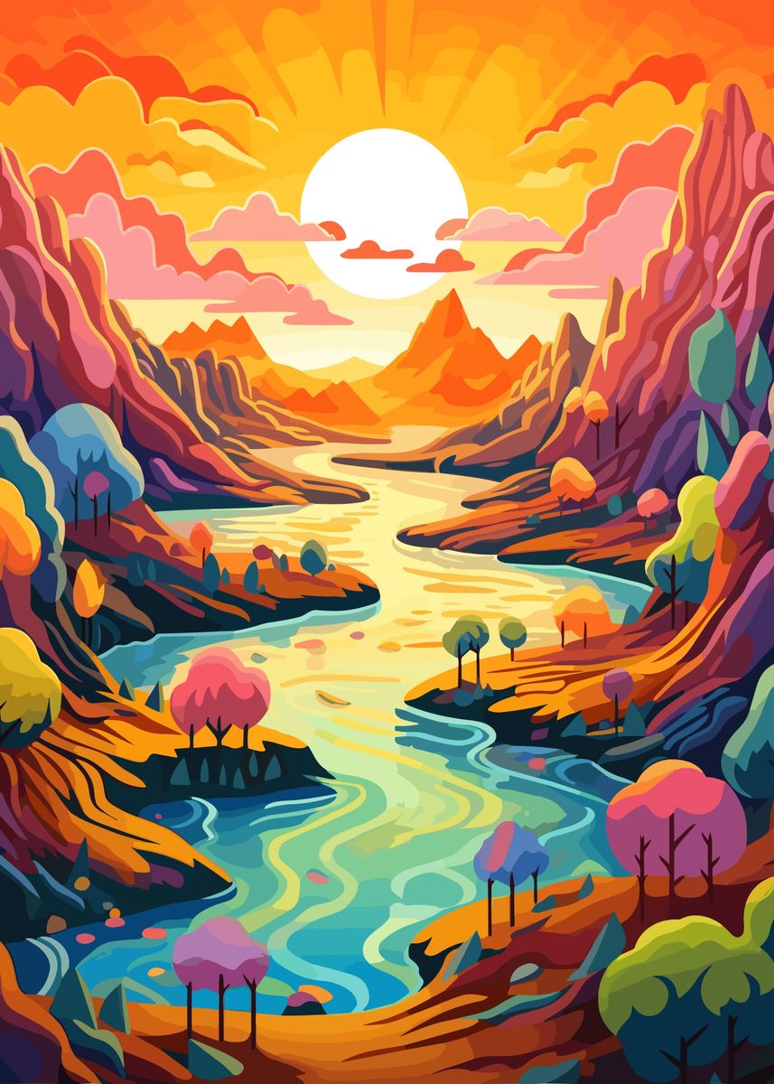 'Sunset Nature Landscape ' Poster, picture, metal print, paint by Art Jiyuu | Displate