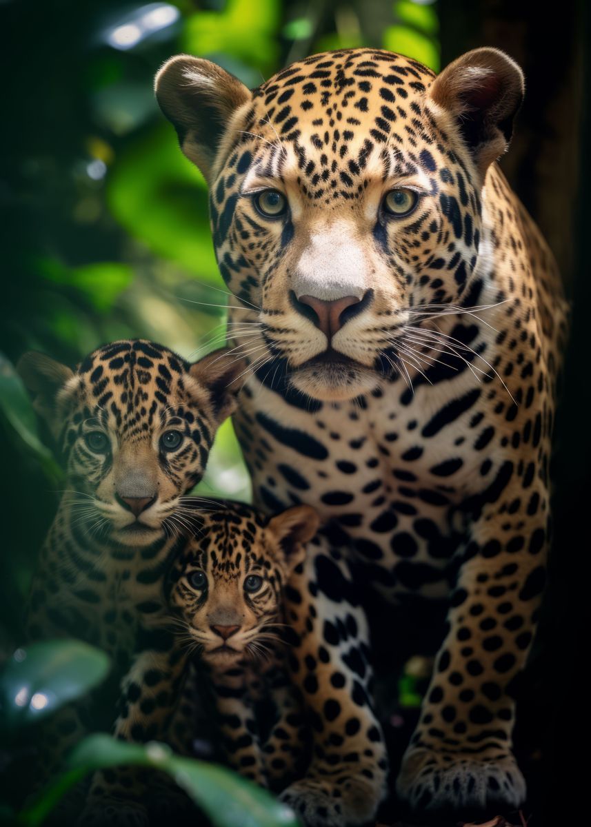 'Jaguar With Cubs' Poster, picture, metal print, paint by Five Senses ...
