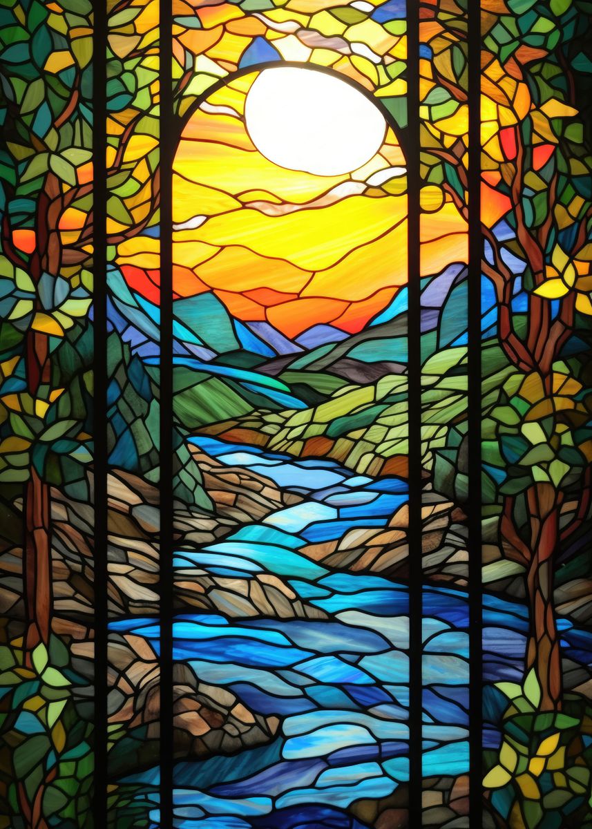 'Stained Glass River Sunset' Poster, picture, metal print, paint by ...