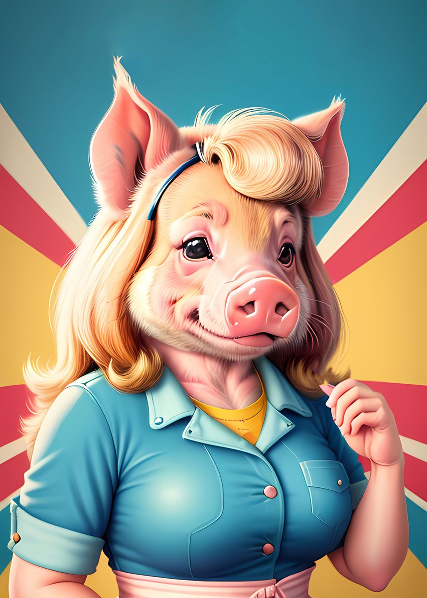 'cute pig retro style' Poster, picture, metal print, paint by erma wati ...
