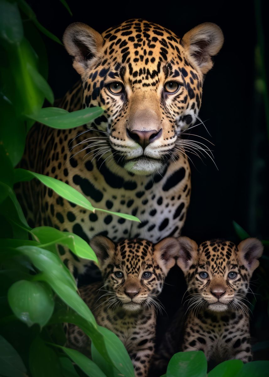 'Jaguar With Cubs' Poster by Five Senses Art | Displate