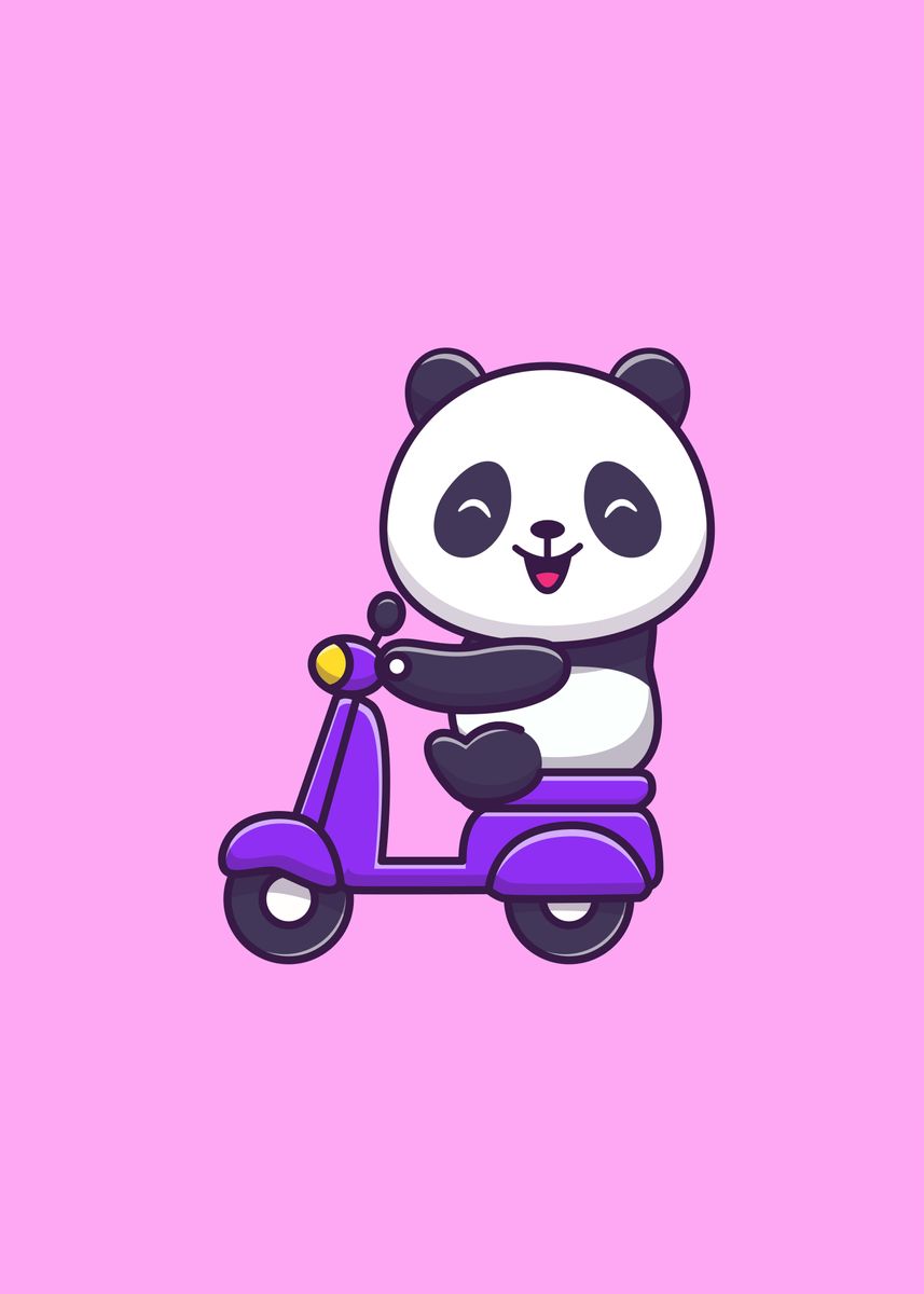 'Cute Panda Riding Scooter ' Poster, picture, metal print, paint by ...