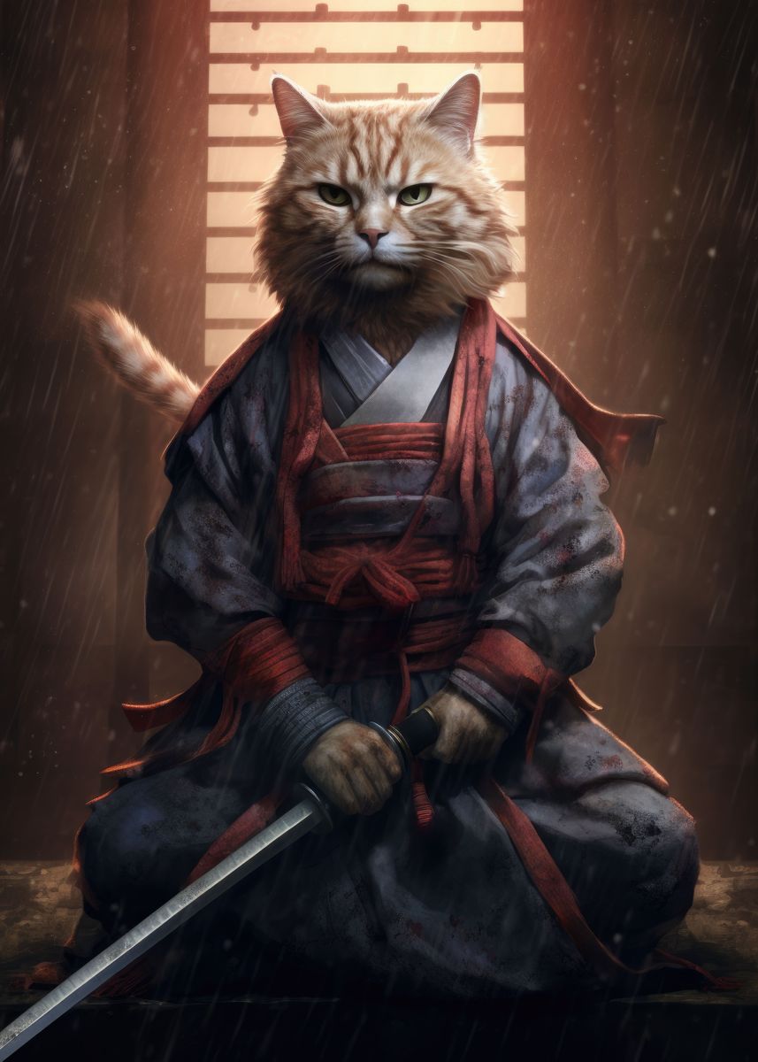 'Samurai Cat Japanese Dojo' Poster, picture, metal print, paint by ...