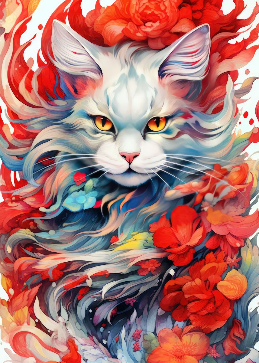 'Floral Harmony cat' Poster, picture, metal print, paint by JBJart ...
