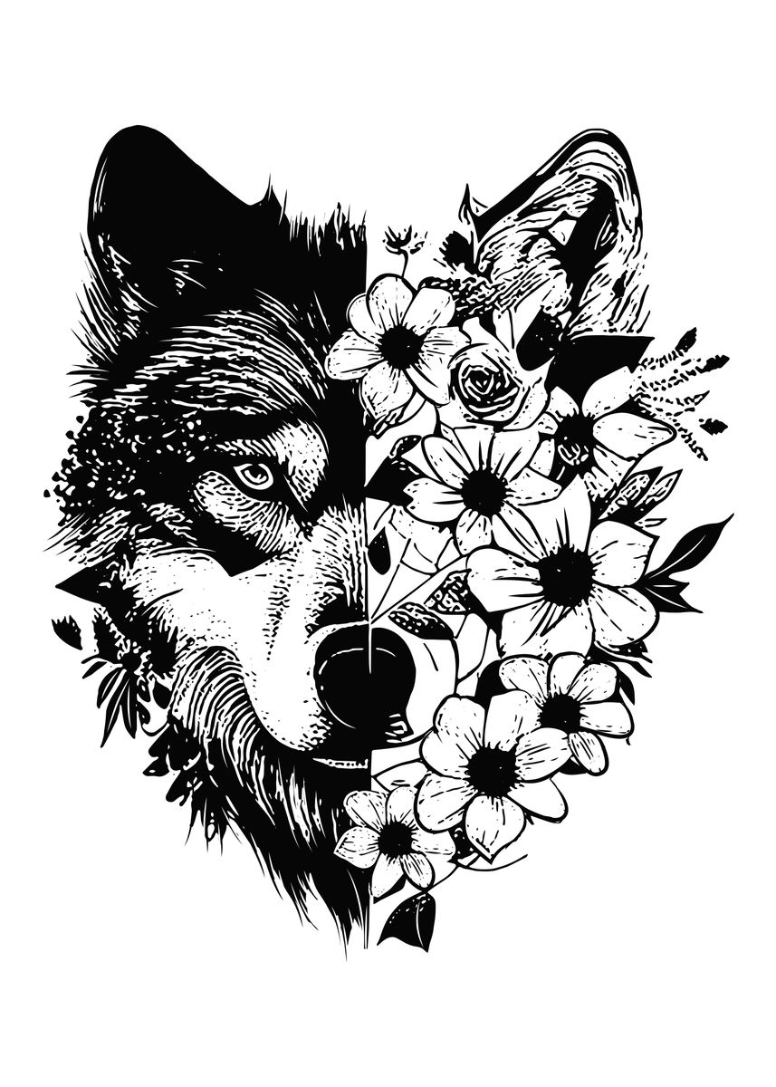 'Floral Wolf' Poster, picture, metal print, paint by Adam | Displate