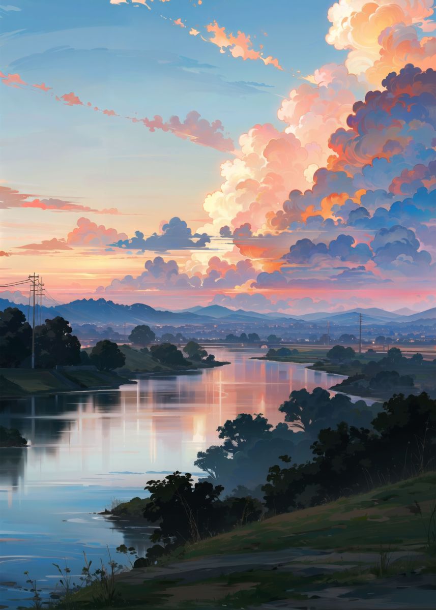 'Pastel Anime Sunset' Poster, picture, metal print, paint by lermand7 ...