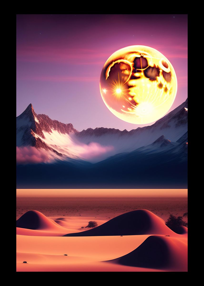 'Yellow Moon Over Mountains' Poster, picture, metal print, paint by ...