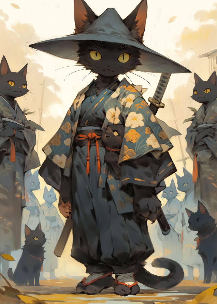 'Cat samurai' Poster, picture, metal print, paint by HANA STUDIO | Displate