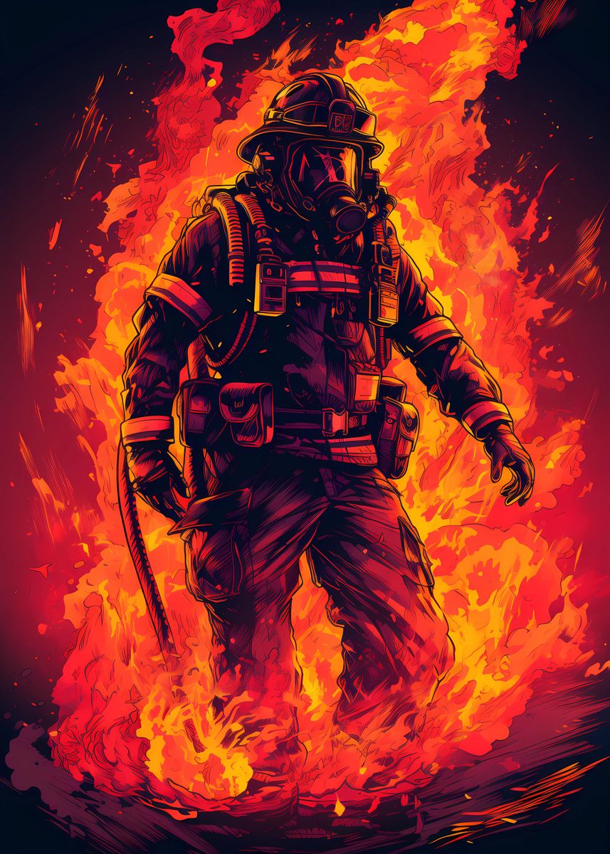 'Firefighter Flame' Poster, picture, metal print, paint by AnHa | Displate