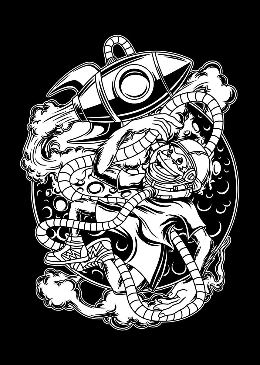 'Astro Monkey BnW' Poster, picture, metal print, paint by hendra ...