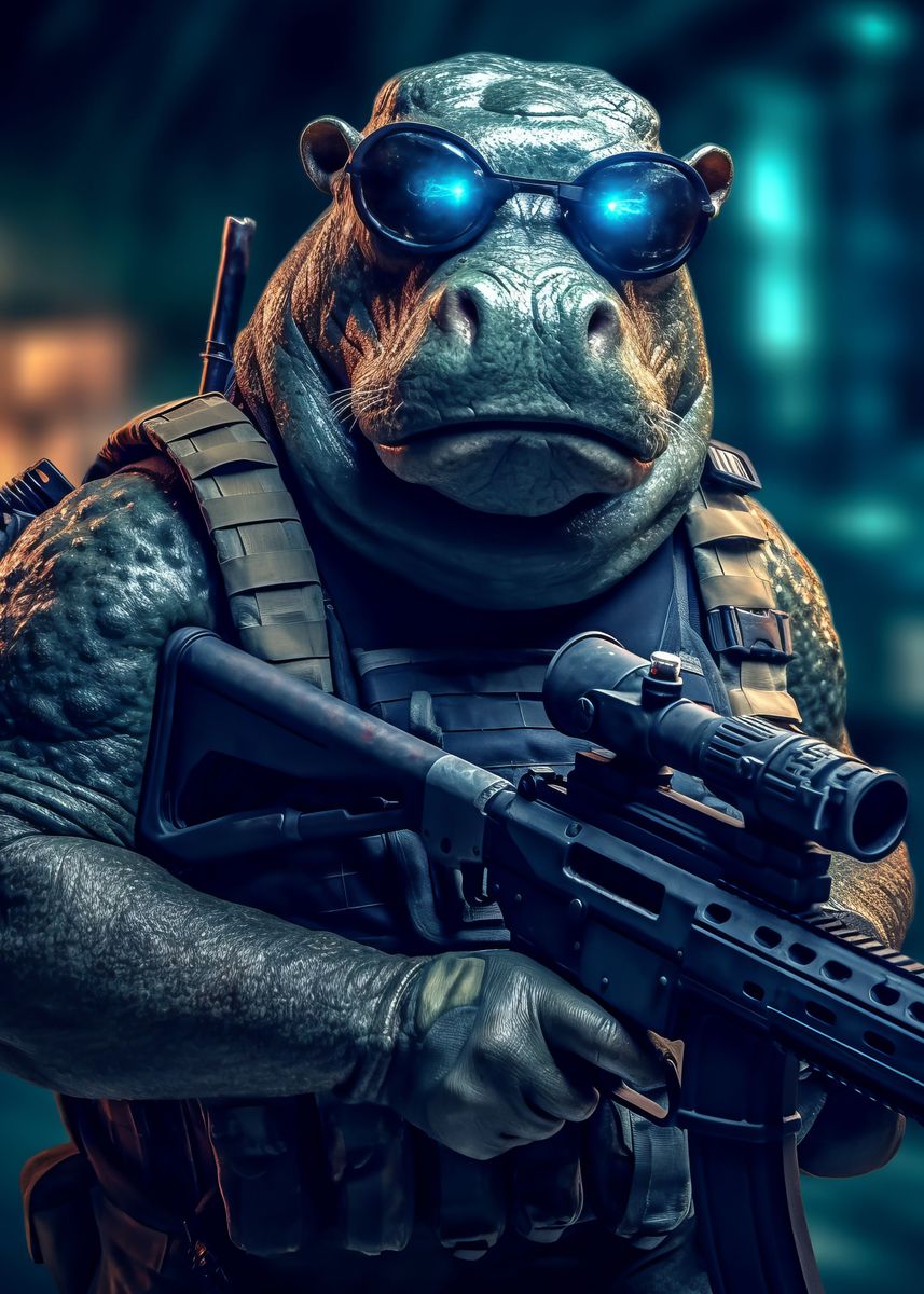 'Soldier Hippo' Poster, picture, metal print, paint by Arnas Čemerka ...