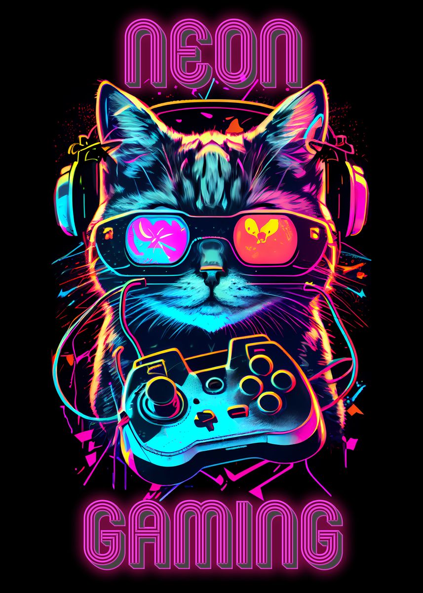'Neon Gaming Cat' Poster, picture, metal print, paint by GoodLifeImages ...