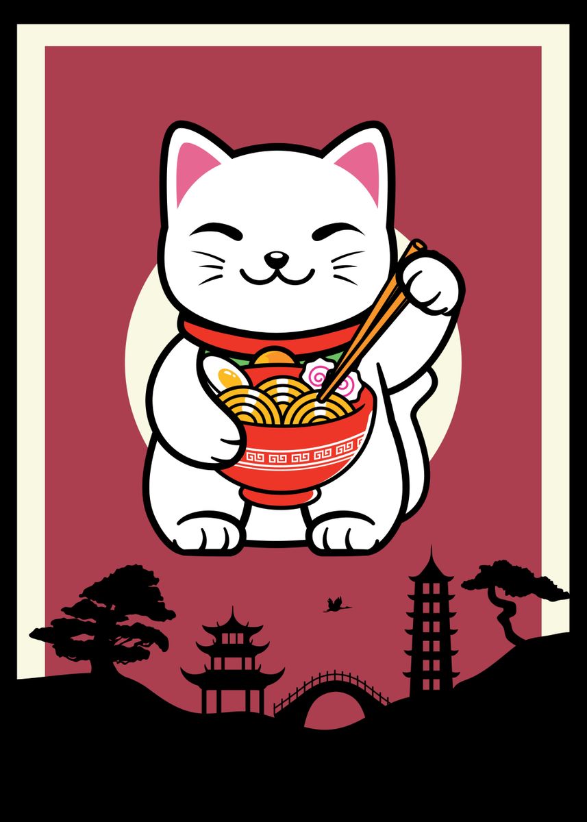 'Kawaii Anime Cat Ramen' Poster, picture, metal print, paint by Wyld ...