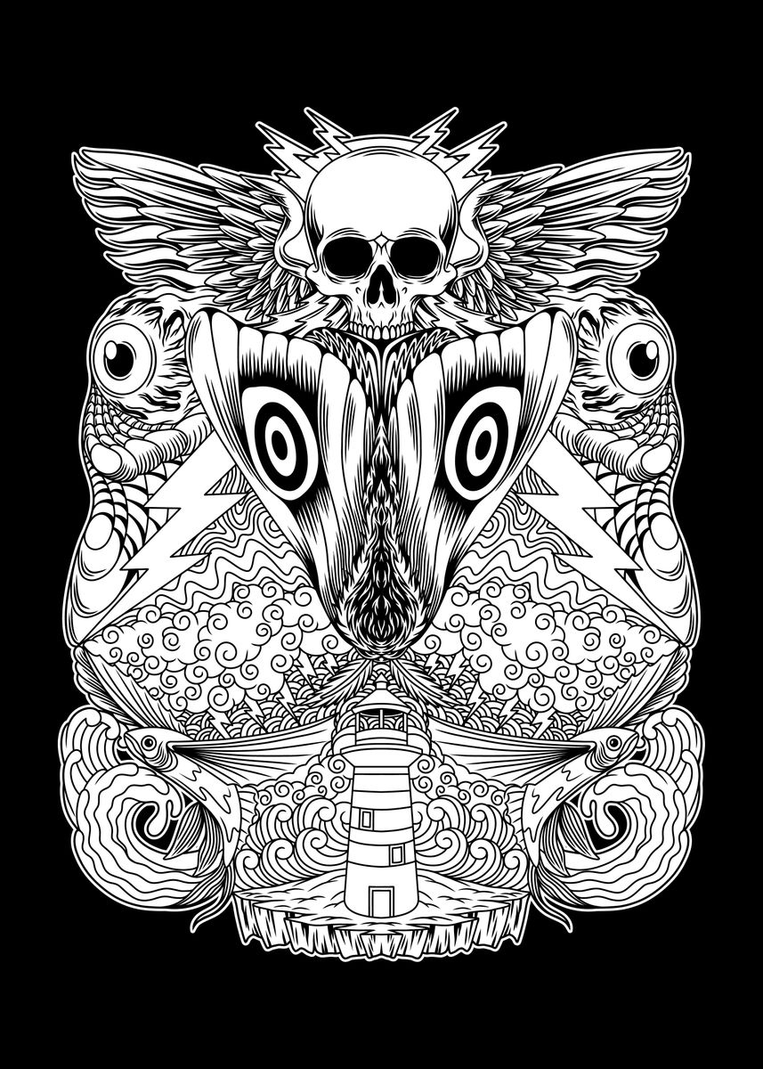 'Psychedelic Moth BnW' Poster, picture, metal print, paint by hendra ...