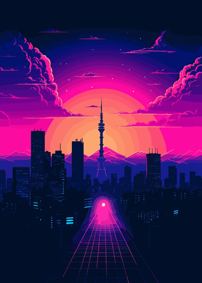 'City Synthwave Retro' Poster, picture, metal print, paint by Oliver Qo ...