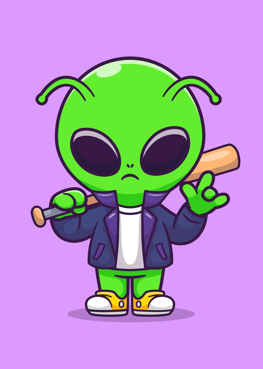 'Cool alien with baseball' Poster, picture, metal print, paint by Le ...