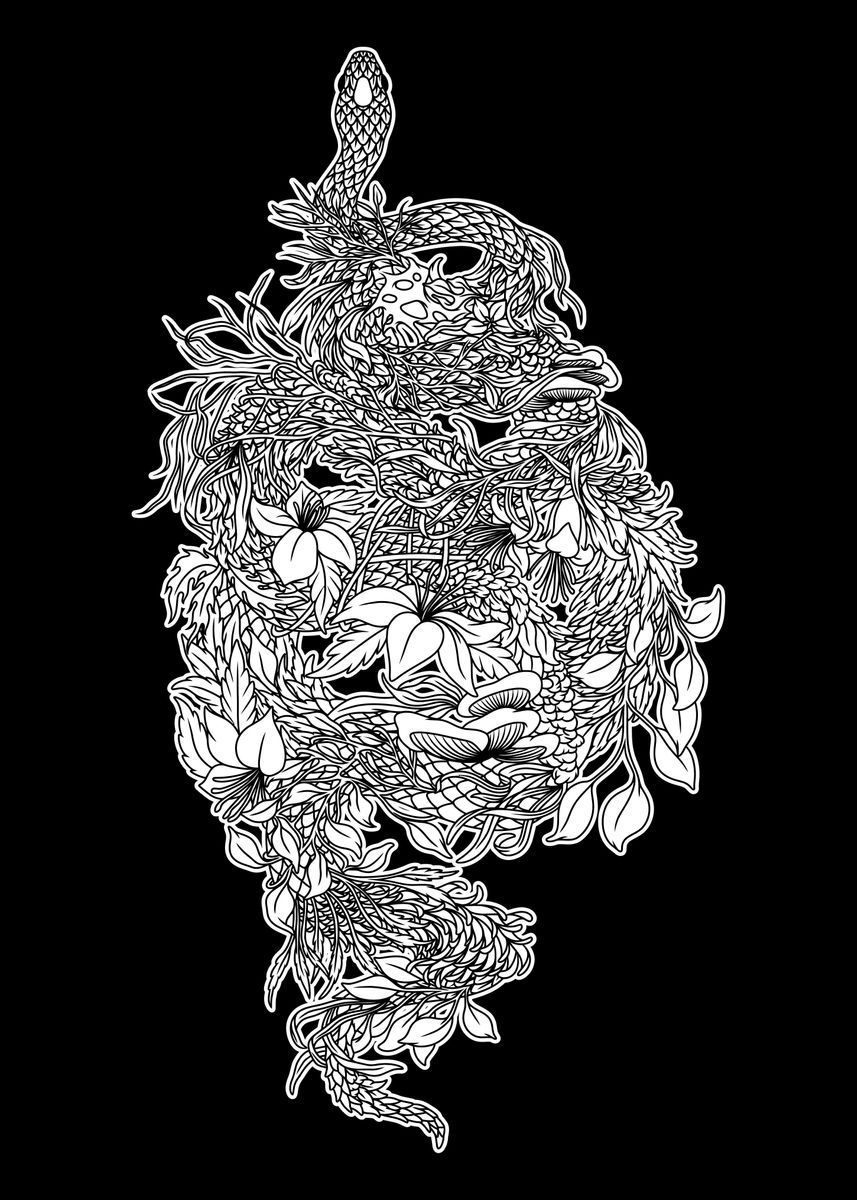 'Snake Floral BnW' Poster, picture, metal print, paint by hendra ...