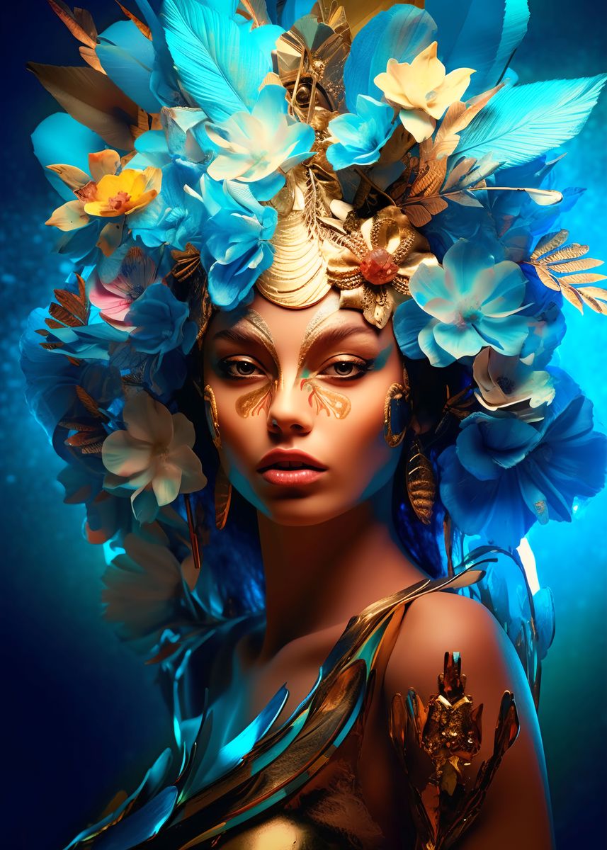 'a woman with blue flowers' Poster, picture, metal print, paint by ...