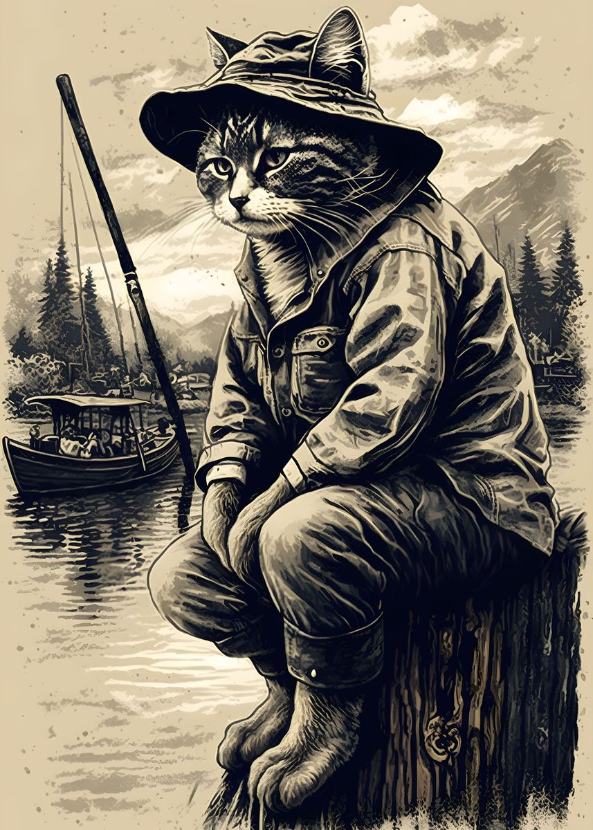 'Cat Fishing in a Lake' Poster, picture, metal print, paint by Chris ...