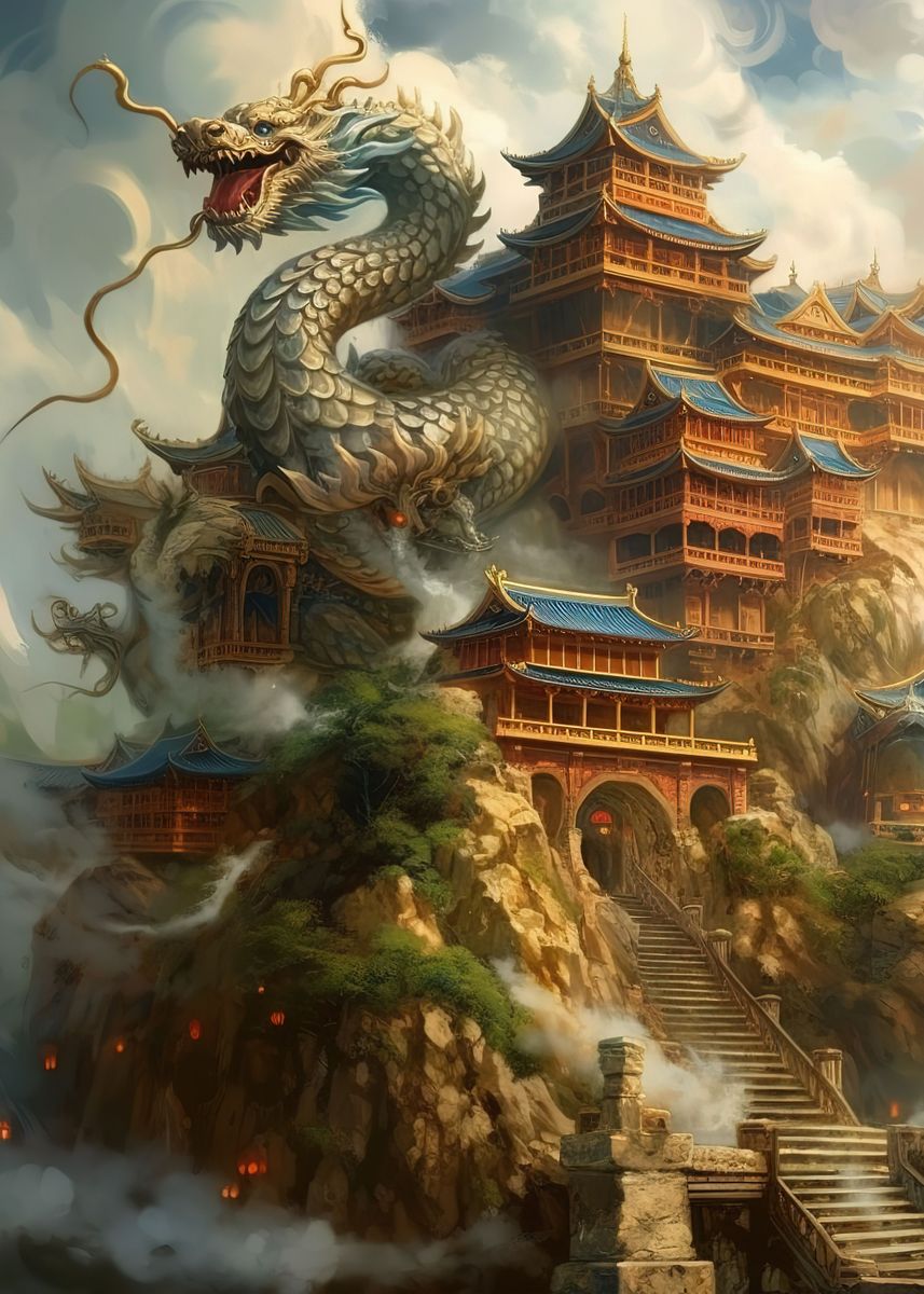 'Chinese Dragon Landscape ' Poster, picture, metal print, paint by ...