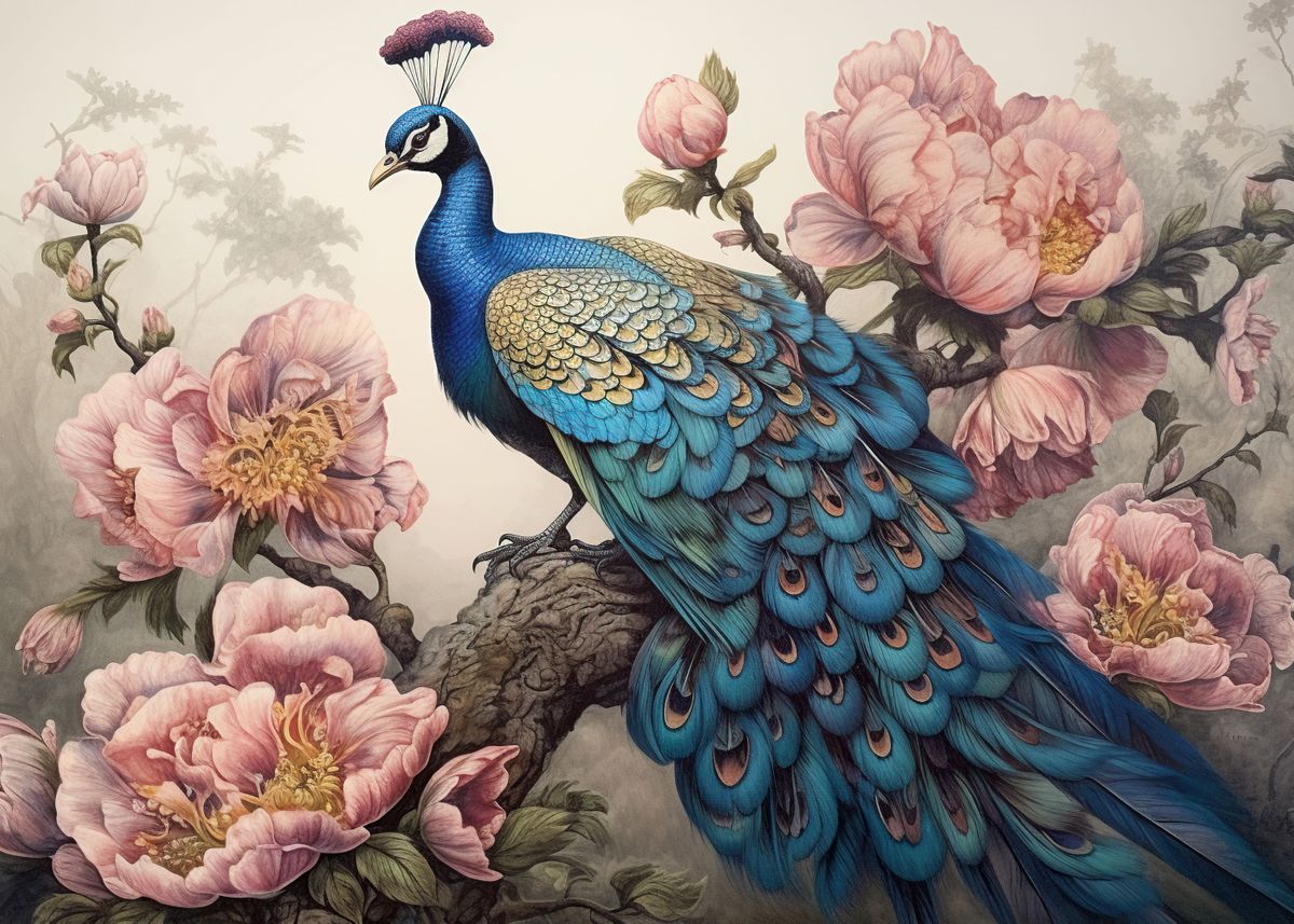 'Bird Peacock And Peony' Poster by Ecovid | Displate