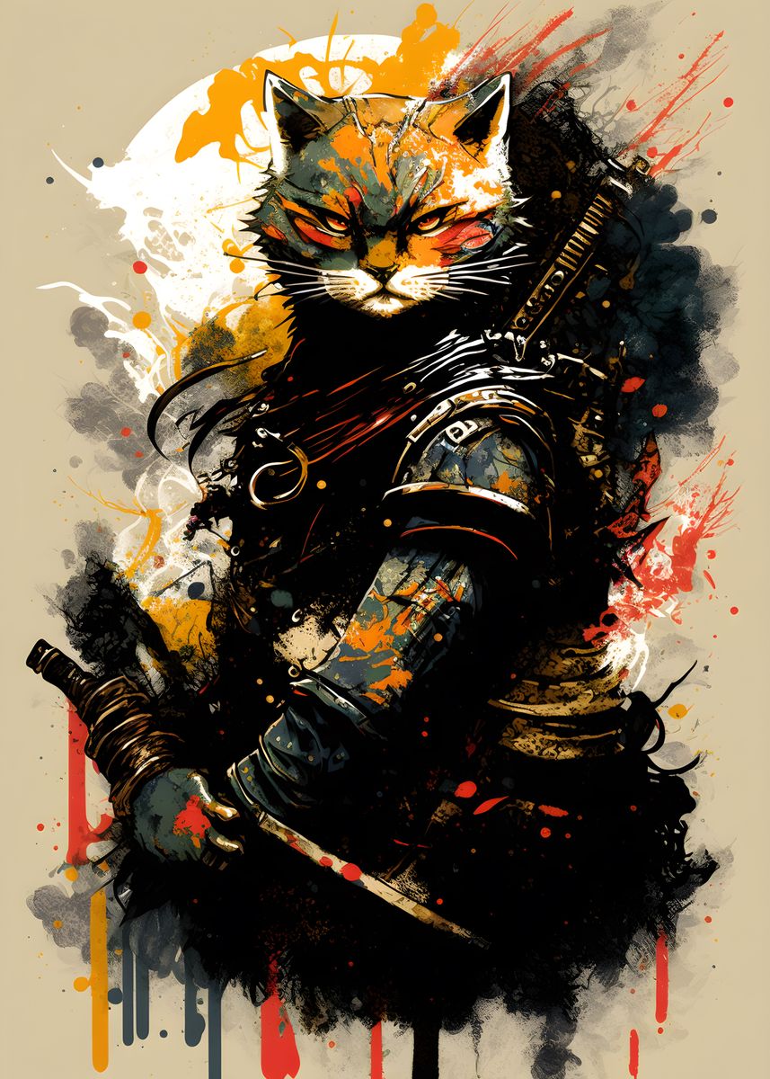 'Painting of a Cat Samurai' Poster, picture, metal print, paint by ...