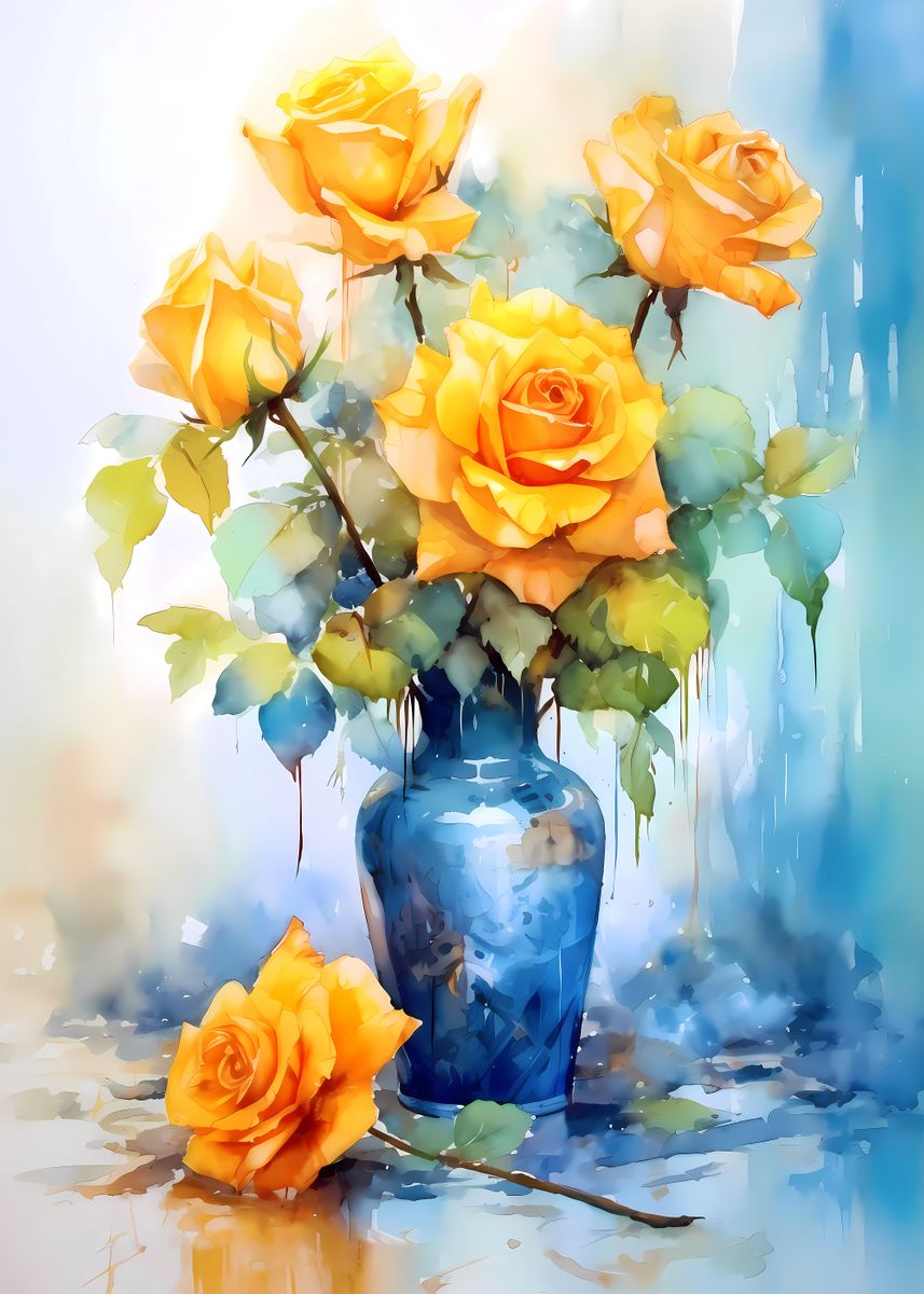 'Yellow Gold Roses on Vase' Poster, picture, metal print, paint by ...