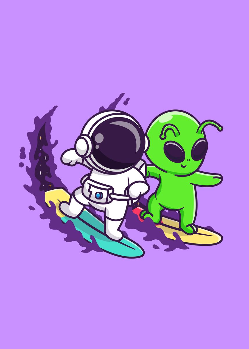 'Cute astronaut and alien' Poster, picture, metal print, paint by Le ...