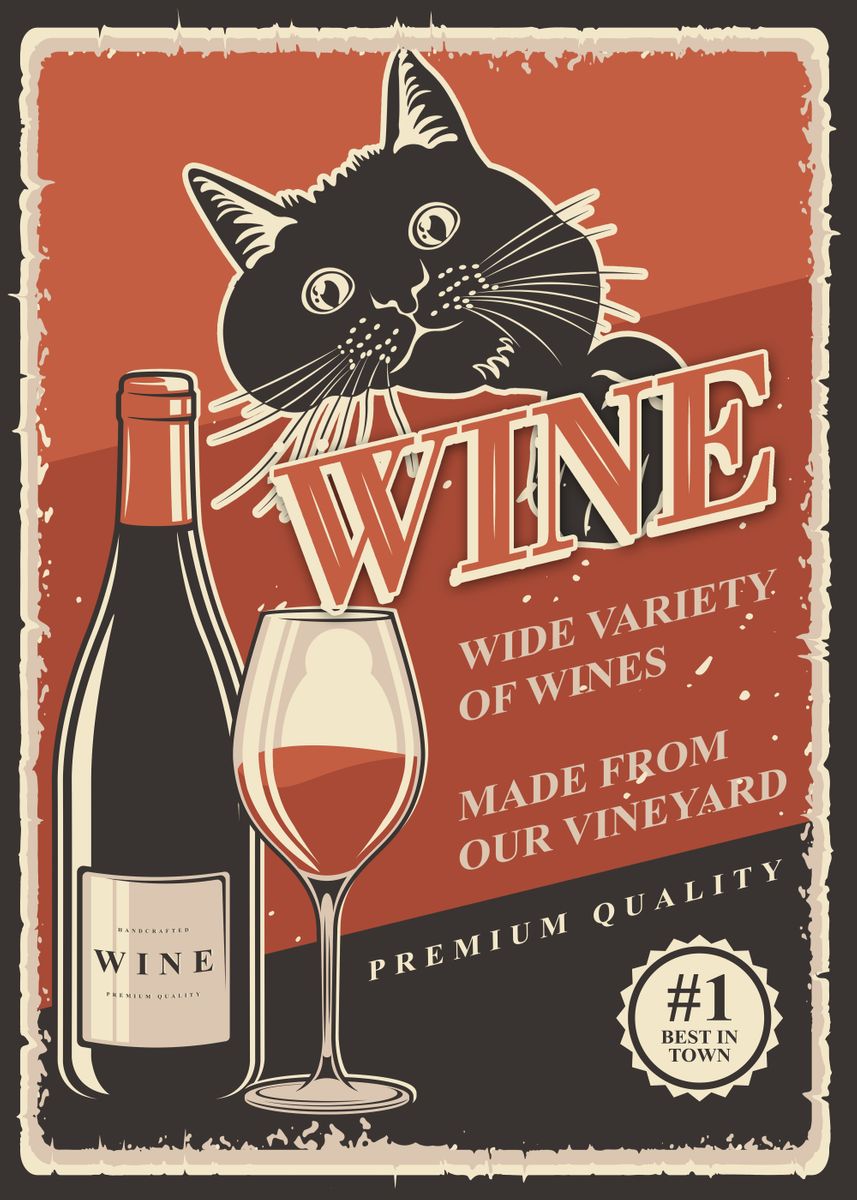 'Cat wine' Poster, picture, metal print, paint by XandYart | Displate