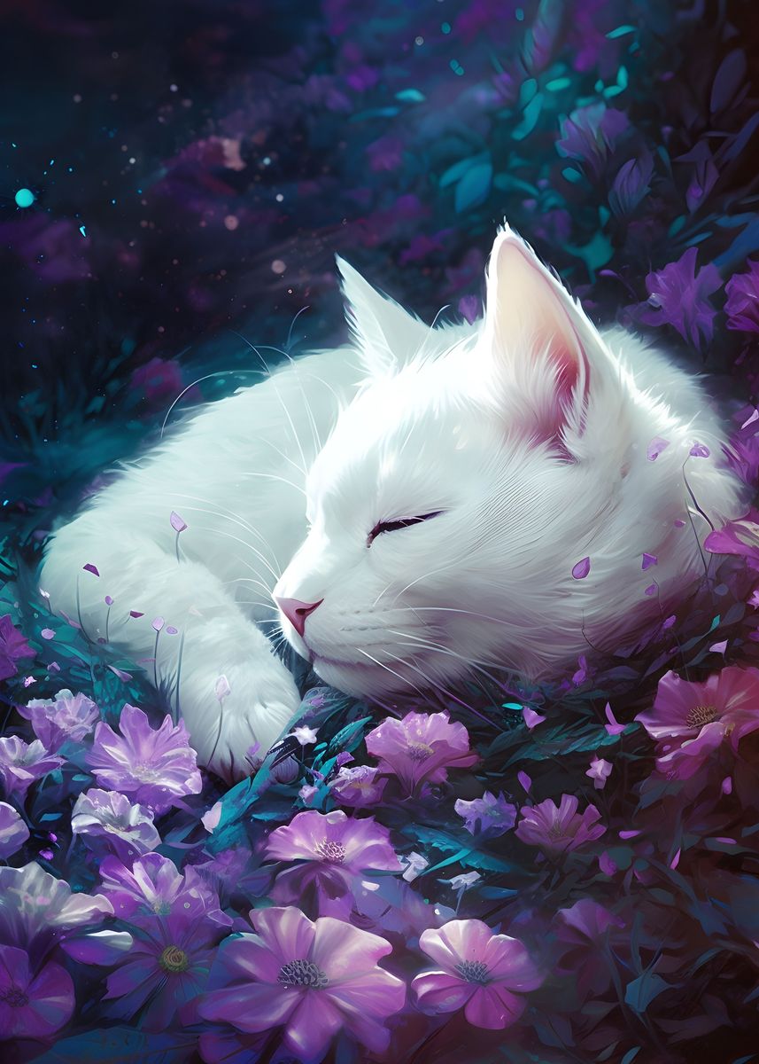 'Cat nap Among Blooms' Poster, picture, metal print, paint by ...