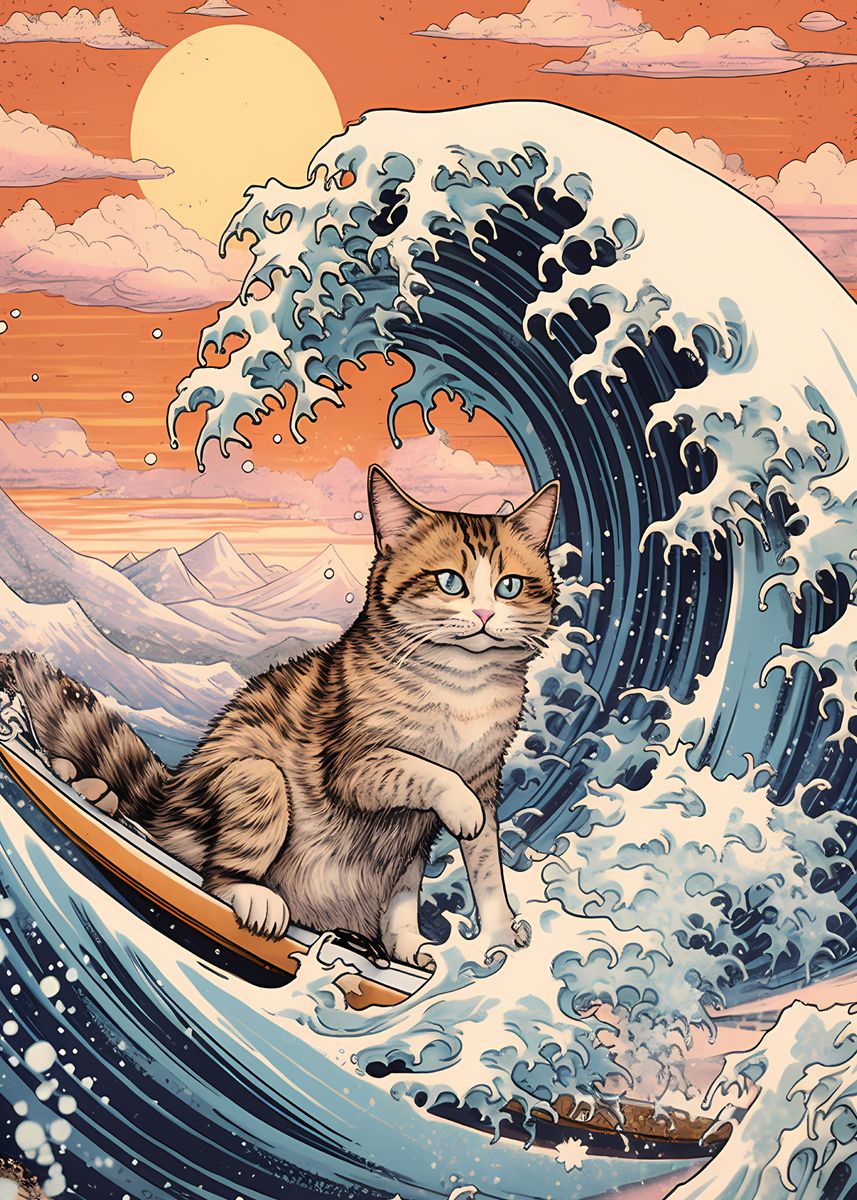 'Cat Surfing Kanagawa Wave' Poster, picture, metal print, paint by ...