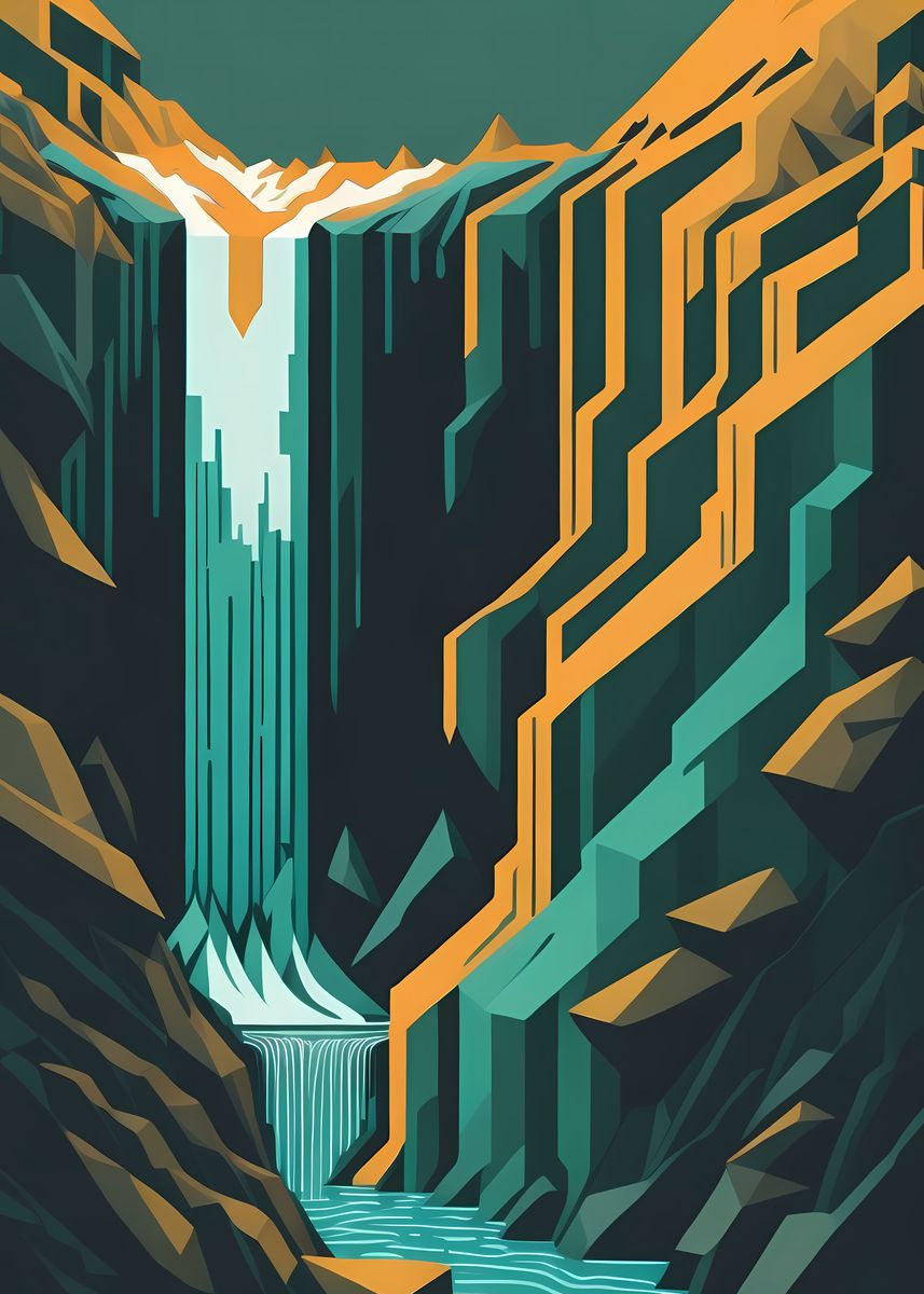 'Geometric Rocky Waterfall' Poster, picture, metal print, paint by ...