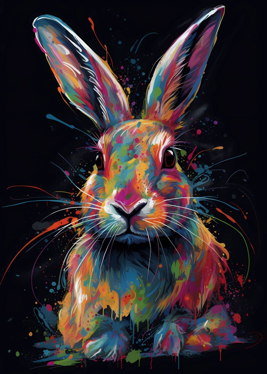 'Colorful Rabbit With Drips' Poster, picture, metal print, paint by ...