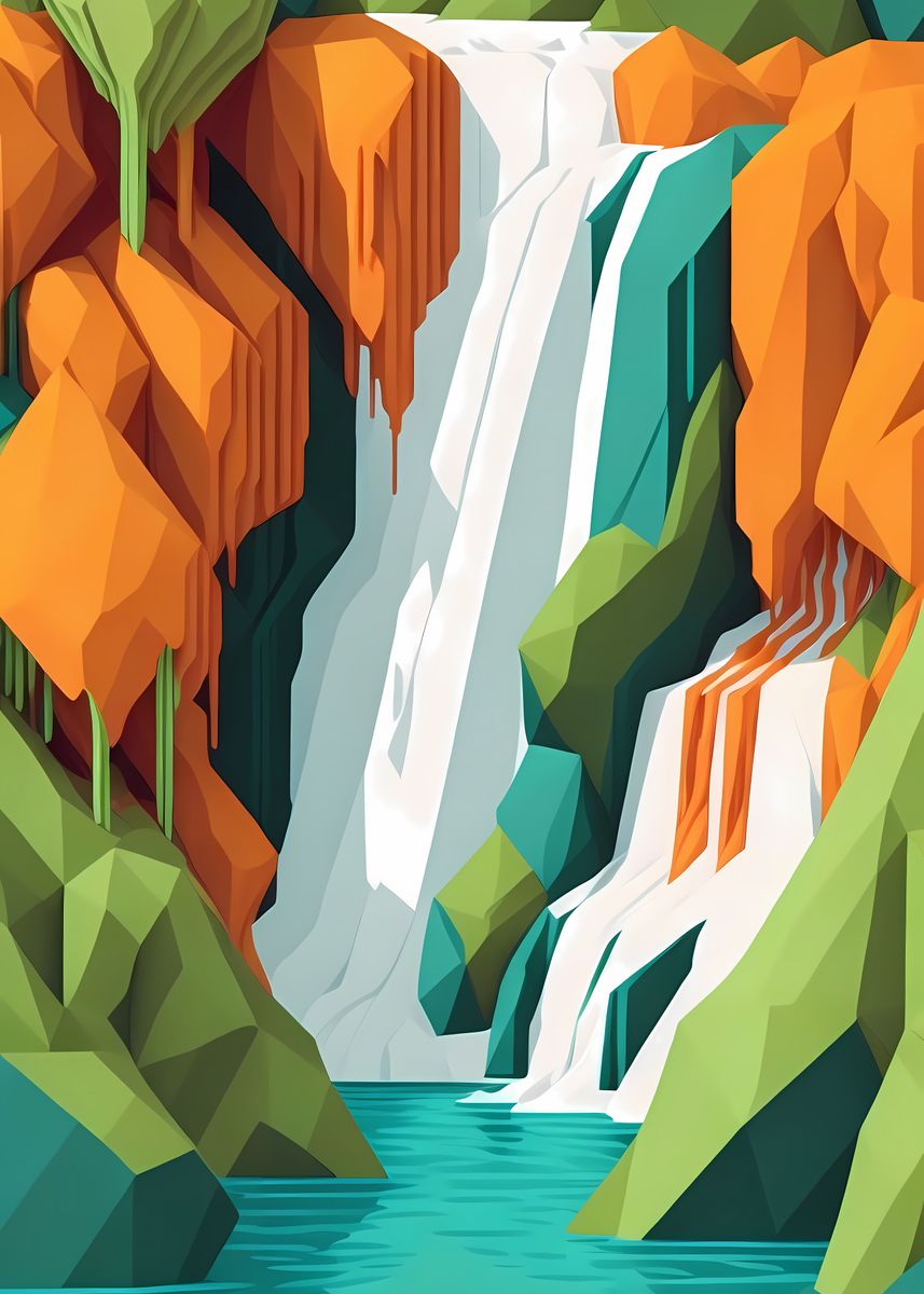 'Geometric Rocky Waterfall' Poster, picture, metal print, paint by ...