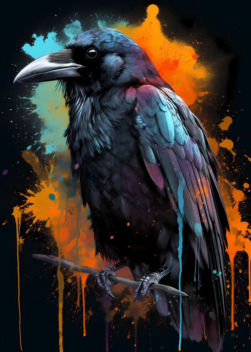 'Colorful Raven With Drips' Poster, picture, metal print, paint by ...