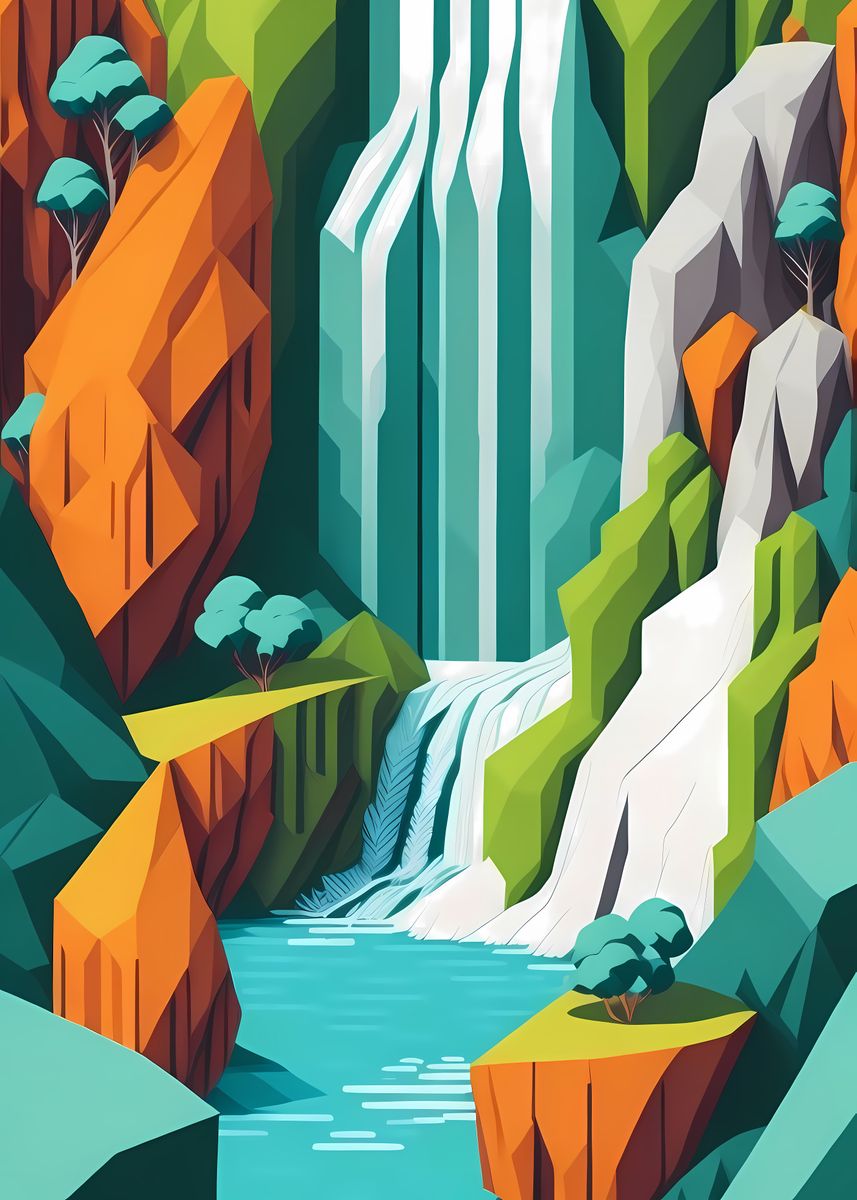 'Geometric Rocky Waterfall' Poster, picture, metal print, paint by ...
