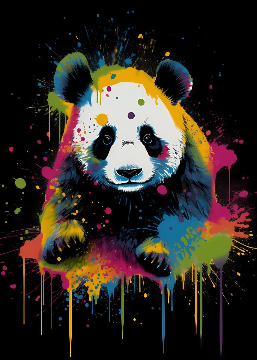'Colorful Panda With Drips' Poster, picture, metal print, paint by ...
