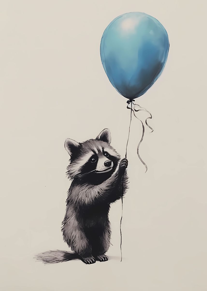 'Raccoon Balloon' Poster, picture, metal print, paint by DecoyDesign ...