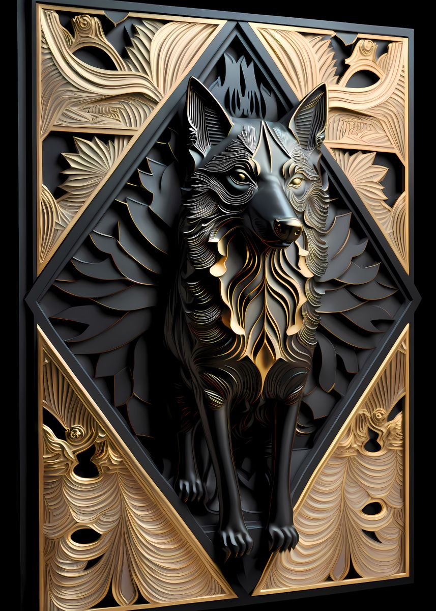 'Golden Frame Wolf Art Deco' Poster, picture, metal print, paint by ...