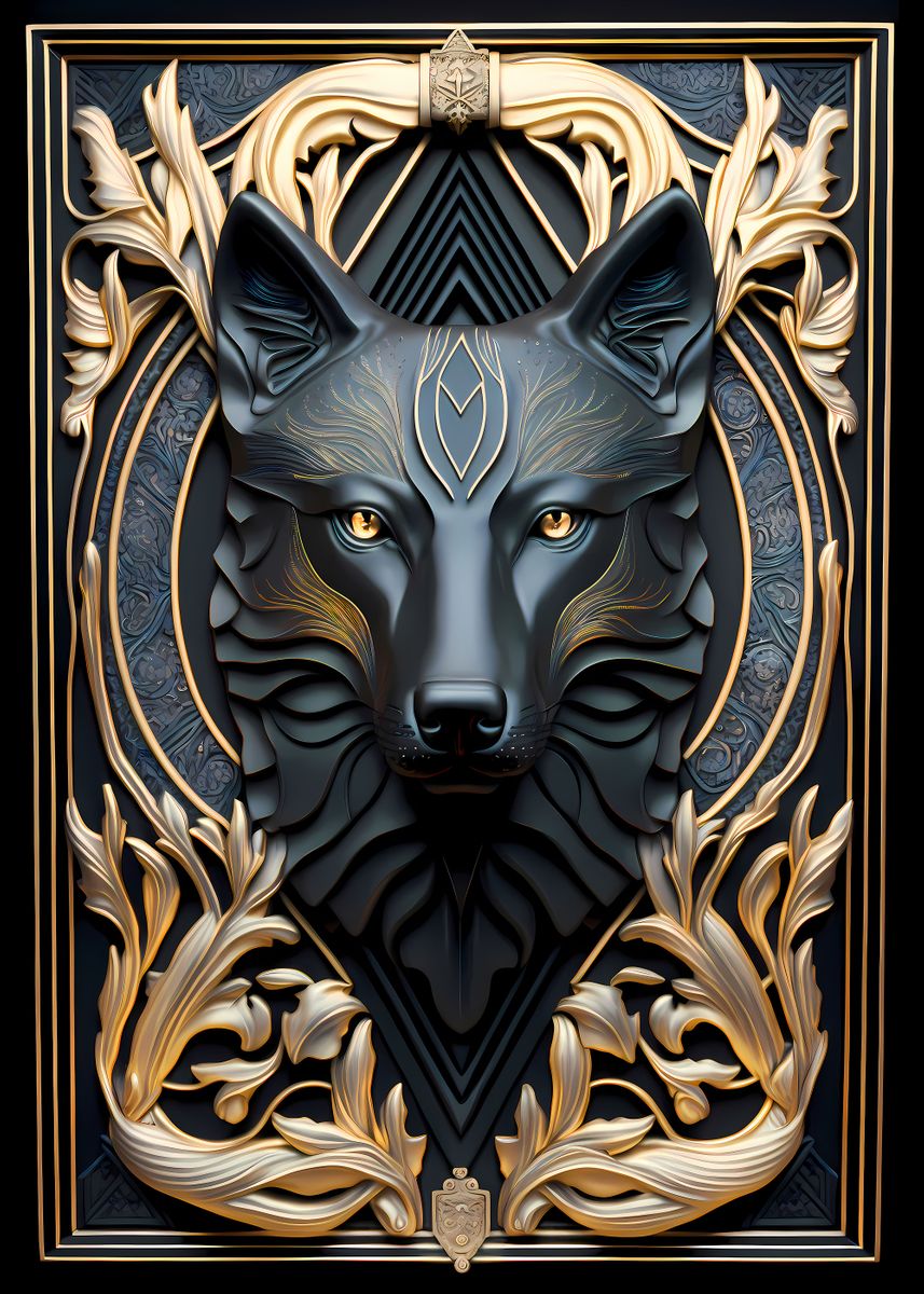 'Elegant Black Golden Wolf' Poster, picture, metal print, paint by ...