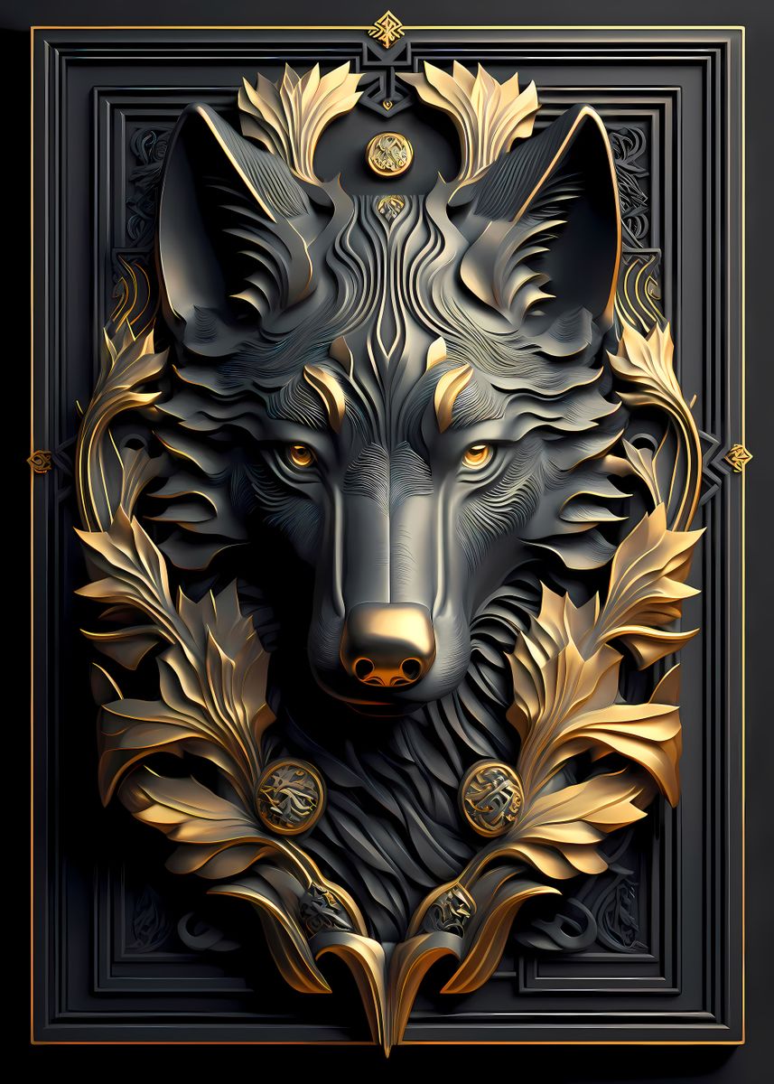 'Noble Golden Wolf Art Deco' Poster, picture, metal print, paint by ...